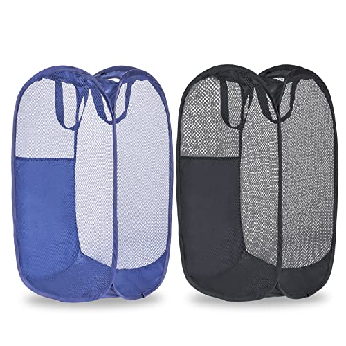 Pop-Up Laundry Hampers, Haxpecwl Foldable Laundry Baskets, 2 Pack Mesh Laundry Baskets with Side Pockets for Dirty Clothes, Toys Tidy Storage - Navy, Black