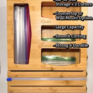 Simplify On the Go Countertop or Wall Mount Kitchen Bamboo 2 in 1 Foil and Sandwich Bag Organizer with 2 Cutters for Aluminum Foil and Plastic Wrap