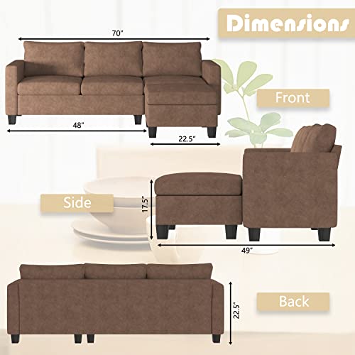 YESHOMY Convertible Sectional Sofa with Comfortable Backrest,L-Shaped Couch with Modern Cotton Fabric for Living Room, Brown