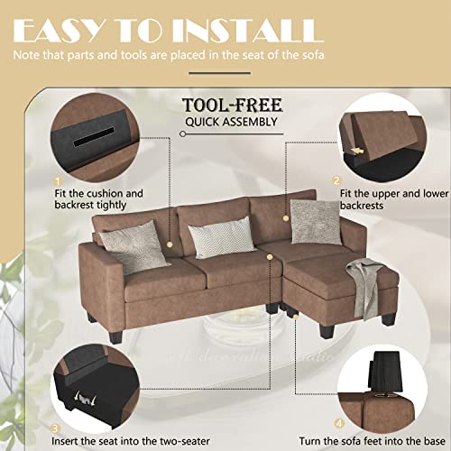 YESHOMY Convertible Sectional Sofa with Comfortable Backrest,L-Shaped Couch with Modern Cotton Fabric for Living Room, Brown