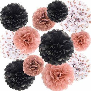 ansomo rose gold and black tissue paper pom poms party decorations flowers pink wall hanging décor supplies birthday bridal baby shower wedding graduation