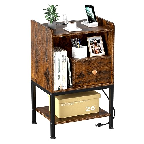 Gannyfer Nightstand with Charging Station, Night Stand with USB Ports and Storage Drawer, Modern 3-Tier End Side Table, Small Wood Bedside Table for Bedroom,Living Room,Rustic Brown