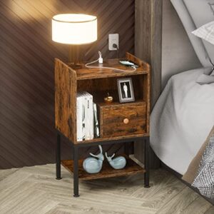 Gannyfer Nightstand with Charging Station, Night Stand with USB Ports and Storage Drawer, Modern 3-Tier End Side Table, Small Wood Bedside Table for Bedroom,Living Room,Rustic Brown