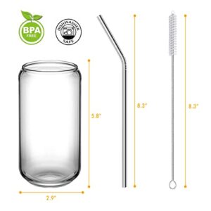 Can Shaped Glass Cups 6pc Set,16 oz Beer Can Glass, Drinking Glasses with Straws and Silicone Sleeves for Iced Coffee, Iced Tea, Cocktail, Whiskey, Wine, Soda, Water, with 2 Cleaning Brushes