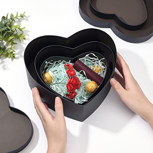 BENECREAT 3 Set Heart Shape Present Boxes, Black Decorative Gifting Box, Nesting Stacking Gift Packaging Box for Souvenirs, Wedding, Candy Cookies Choclates