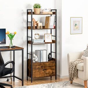 HOOBRO 4-Tier Bookshelf with Doors, Industrial Wooden Bookcase with Storage, Storage Shelf with Protective Rails, for Living Room, Home Office, Rustic Brown and Black BF46SJ01