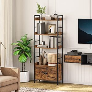 HOOBRO 4-Tier Bookshelf with Doors, Industrial Wooden Bookcase with Storage, Storage Shelf with Protective Rails, for Living Room, Home Office, Rustic Brown and Black BF46SJ01