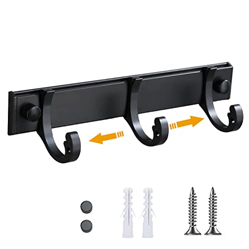 Geobella Coat Hooks Wall Mounted with Rail Silding Hooks for Hanging Coats Purse Clothes Jacket Backpack Entryway,Towel Racks Bathroom Black (3 Hooks, 1 Pack)