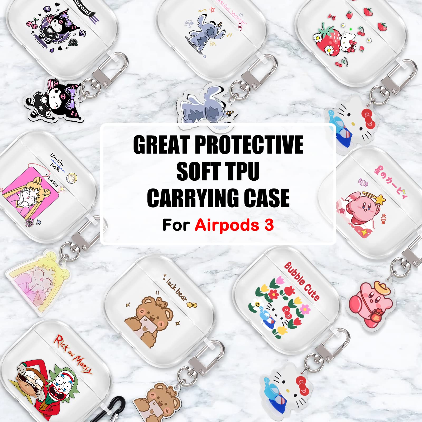 Cute Case for Airpods 3rd Generation Clear Lovely Cartoon Case with Funny Kawaii Blue Dog Keychain for Women Girls Kids Protective Soft Silicone Headphone Cover for AirPod 3