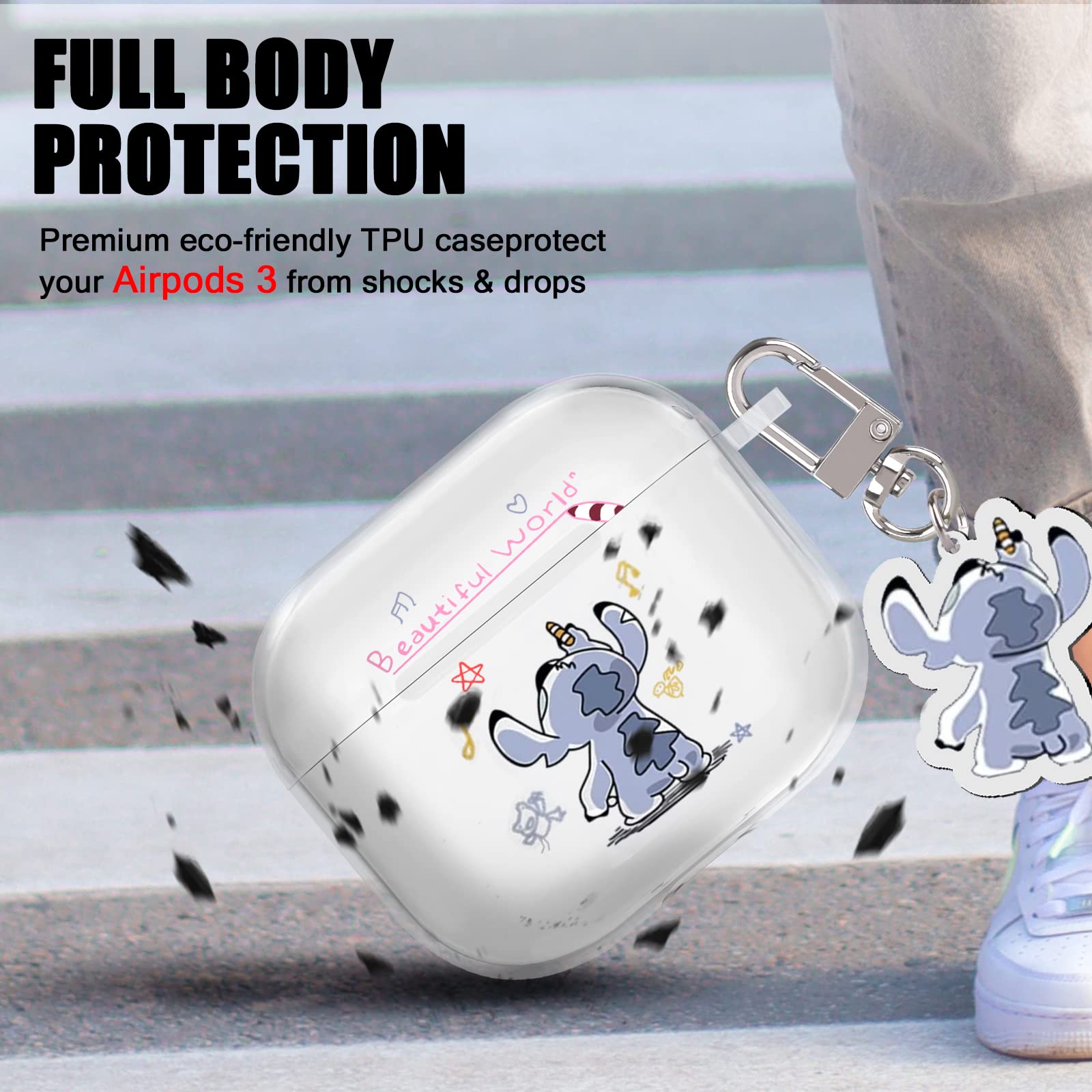 Cute Case for Airpods 3rd Generation Clear Lovely Cartoon Case with Funny Kawaii Blue Dog Keychain for Women Girls Kids Protective Soft Silicone Headphone Cover for AirPod 3