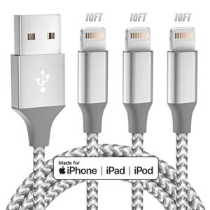 iphone charger [apple mfi certified] 3pack 10ft long lightning cable fast charging high speed data sync usb cable compatible iphone 13/12/11 pro max/xs max/xr/xs/x/8/7/plus/6s (grey white)