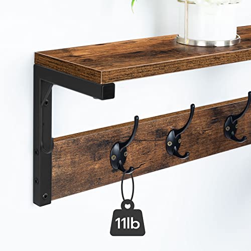 HOOBRO Wall Hooks with Shelf, Wall-Mounted Coat Rack, Wall Shelf with 7 Hooks, Hanging Shelf, Coat Hooks for Clothes, Hats, Bags, Entryway, Kitchen, Bathroom, Industrial Style BF16YM01