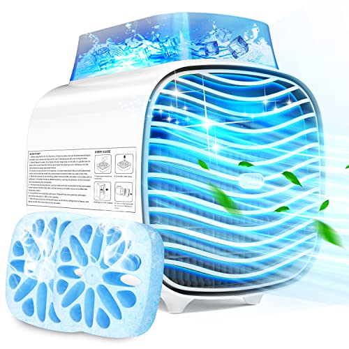 Portable Air Conditioners Fan, 2022 Newest Evaporative Air Cooler with Ice Trays Blue Atmosphere Light, USB Rechargeable Personal Air Conditioner Desktop Cooling Humidifier Fan for Room, Office, Desk, Nightst, Camping