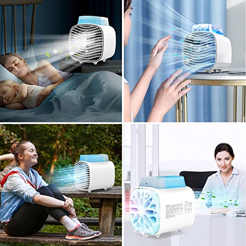 Portable Air Conditioners Fan, 2022 Newest Evaporative Air Cooler with Ice Trays Blue Atmosphere Light, USB Rechargeable Personal Air Conditioner Desktop Cooling Humidifier Fan for Room, Office, Desk, Nightst, Camping