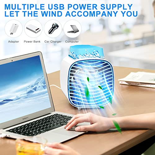 Portable Air Conditioners Fan, 2022 Newest Evaporative Air Cooler with Ice Trays Blue Atmosphere Light, USB Rechargeable Personal Air Conditioner Desktop Cooling Humidifier Fan for Room, Office, Desk, Nightst, Camping