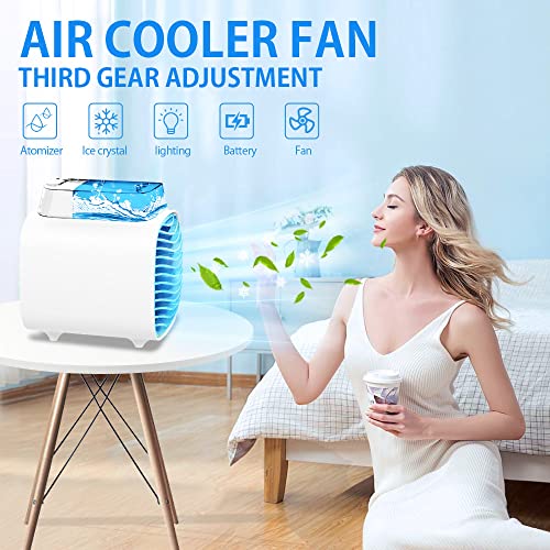 Portable Air Conditioners Fan, 2022 Newest Evaporative Air Cooler with Ice Trays Blue Atmosphere Light, USB Rechargeable Personal Air Conditioner Desktop Cooling Humidifier Fan for Room, Office, Desk, Nightst, Camping