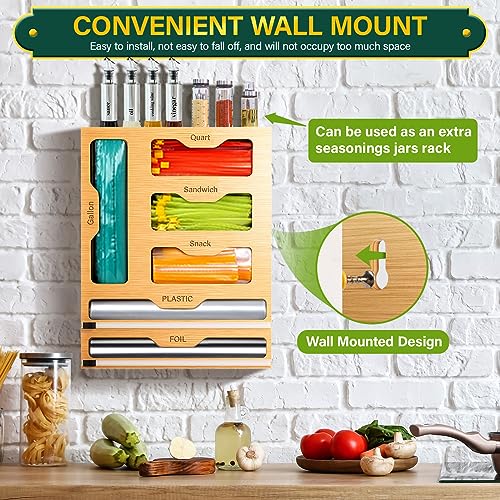 KOCWELL Ziplock Bag Organizer and Plastic Wrap Dispenser with Cutter, 6 In 1 Bamboo Foil and Plastic Wrap Organizer for Kitchen Drawer, Food Storage Bag Organizer for Gallon,Quart,Sandwich,Snack