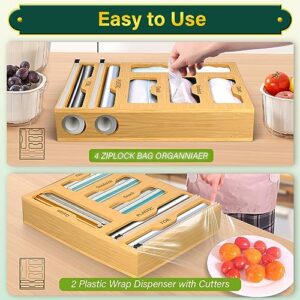 KOCWELL Ziplock Bag Organizer and Plastic Wrap Dispenser with Cutter, 6 In 1 Bamboo Foil and Plastic Wrap Organizer for Kitchen Drawer, Food Storage Bag Organizer for Gallon,Quart,Sandwich,Snack