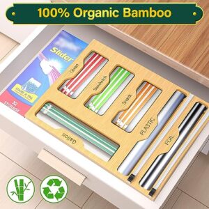 KOCWELL Ziplock Bag Organizer and Plastic Wrap Dispenser with Cutter, 6 In 1 Bamboo Foil and Plastic Wrap Organizer for Kitchen Drawer, Food Storage Bag Organizer for Gallon,Quart,Sandwich,Snack