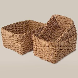 recycled wicker storage basket, paper rope storage baskets for organizing container bins for shelves cupboards drawer, small woven basket set of 3