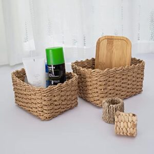 Recycled Wicker Storage Basket, Paper Rope Storage Baskets for Organizing Container Bins for Shelves Cupboards Drawer, Small Woven Basket Set of 3