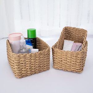 Recycled Wicker Storage Basket, Paper Rope Storage Baskets for Organizing Container Bins for Shelves Cupboards Drawer, Small Woven Basket Set of 3