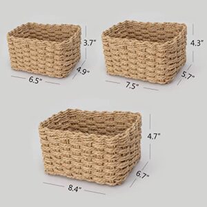 Recycled Wicker Storage Basket, Paper Rope Storage Baskets for Organizing Container Bins for Shelves Cupboards Drawer, Small Woven Basket Set of 3