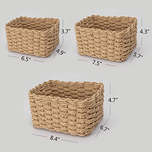 Recycled Wicker Storage Basket, Paper Rope Storage Baskets for Organizing Container Bins for Shelves Cupboards Drawer, Small Woven Basket Set of 3