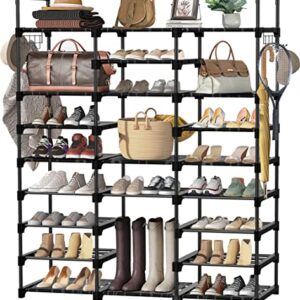 AILIXI 9 Tiers Shoe Rack Shoe Organizer, Metal Shoe Rack for Entryway, Large 50-55 Pairs Shoe Storage with Hooks, Multifunctional Shoe Organizer for Closet for Bedroom Cloakroom Hallway Garage