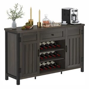 FATORRI Industrial Coffee Bar Cabinet with Wine Rack, Wood Buffet and Sideboard with Storage Cabinet, Rustic Credenza Cupboard for Kitchen Dining Room (55.12 Inch, Walnut Brown)