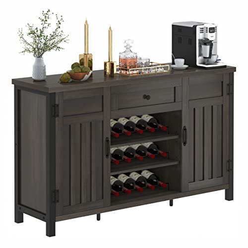 FATORRI Industrial Coffee Bar Cabinet with Wine Rack, Wood Buffet and Sideboard with Storage Cabinet, Rustic Credenza Cupboard for Kitchen Dining Room (55.12 Inch, Walnut Brown)