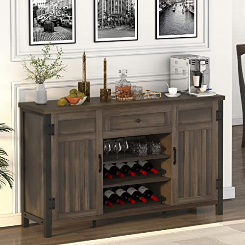 FATORRI Industrial Coffee Bar Cabinet with Wine Rack, Wood Buffet and Sideboard with Storage Cabinet, Rustic Credenza Cupboard for Kitchen Dining Room (55.12 Inch, Walnut Brown)