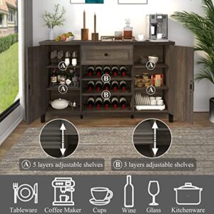 FATORRI Industrial Coffee Bar Cabinet with Wine Rack, Wood Buffet and Sideboard with Storage Cabinet, Rustic Credenza Cupboard for Kitchen Dining Room (55.12 Inch, Walnut Brown)