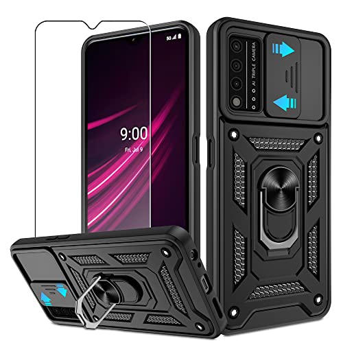 for T-Mobile Revvl V Plus 5G Case with HD Screen Protector with Slide Camera Cover, Atump 360° Rotation Ring Kickstand [Military Grade] Protective Case for T-Mobile Revvl V Plus 5G,Black