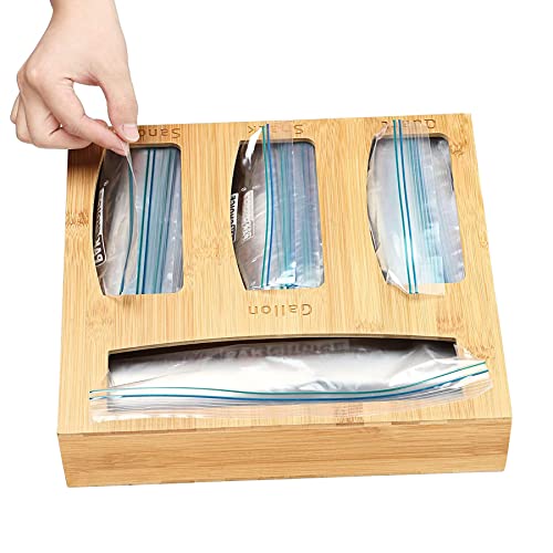 Ziplock Bag Organizer for Drawer- Bamboo Food Storage Bags Container for Kitchen Compatible with Solimo, Hefty, Holder for Gallon, Quart, Sandwich, Snack, and Slider Bag