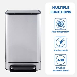 ELPHECO Kitchen Trash Can 13.2 Gallon Stainless Steel Garbage Bin with Soft Slow Lid, 50 Liter Pedal Trash Can, Durable Pedal, Removable Plastic Inner Bucket Waste Bin for Office, Kitchen, Outside