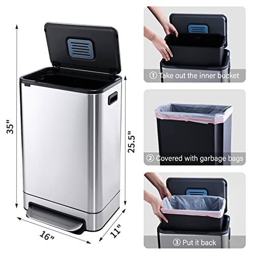 ELPHECO Kitchen Trash Can 13.2 Gallon Stainless Steel Garbage Bin with Soft Slow Lid, 50 Liter Pedal Trash Can, Durable Pedal, Removable Plastic Inner Bucket Waste Bin for Office, Kitchen, Outside