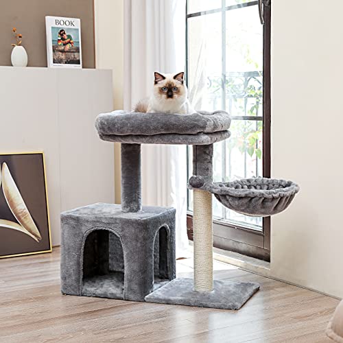 PEQULTI Cat Tree Small Cat Tower, Cat Condo for Indoor Cats with Sisal Covered Scratching Post, Deep Hammock for Kittens and Small Cats