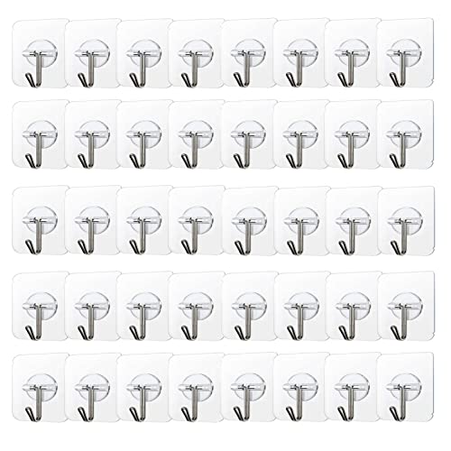 COLOGO 100 Pack Adhesive Hooks 24lb(Max) Heavy Duty Self Adhesive Hooks, Transparent Reusable Seamless Adhesive Wall Hooks for Kitchens, Bathroom, Office