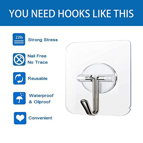 COLOGO 100 Pack Adhesive Hooks 24lb(Max) Heavy Duty Self Adhesive Hooks, Transparent Reusable Seamless Adhesive Wall Hooks for Kitchens, Bathroom, Office