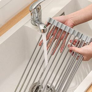 OHOH Retractable Dish Drying Rack for Sink, Adjustable Length Ranges from 10.8"-19.7", Multipurpose Heat Resistant Roll Up Kitchen Draining Rack for Cups Fruits Vegetables (Silver)