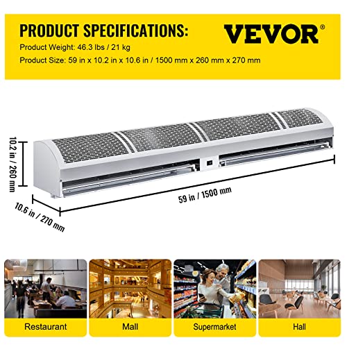 VEVOR 59 Inch Speeds 2285/2515 CFM Commercial Indoor Air Curtain for Doors with 2 Switches, 110V Unheated, White