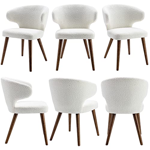 VESCASA Sherpa Modern Dining Chairs with Wood Legs, Upholstered Curved Back Side Chairs for Dining Room/Living Room, Set of 4, White