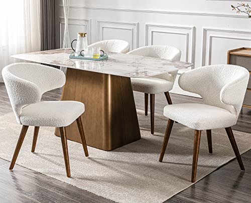 VESCASA Sherpa Modern Dining Chairs with Wood Legs, Upholstered Curved Back Side Chairs for Dining Room/Living Room, Set of 4, White