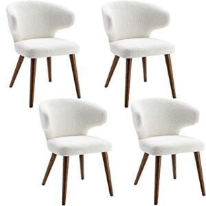 VESCASA Sherpa Modern Dining Chairs with Wood Legs, Upholstered Curved Back Side Chairs for Dining Room/Living Room, Set of 4, White