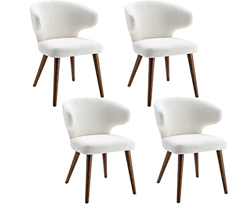 VESCASA Sherpa Modern Dining Chairs with Wood Legs, Upholstered Curved Back Side Chairs for Dining Room/Living Room, Set of 4, White