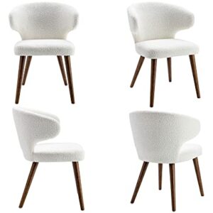 VESCASA Sherpa Modern Dining Chairs with Wood Legs, Upholstered Curved Back Side Chairs for Dining Room/Living Room, Set of 4, White