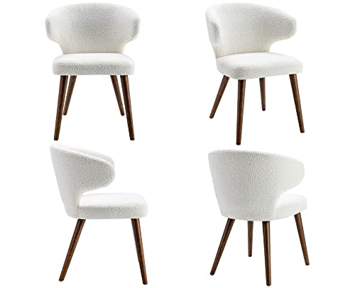 VESCASA Sherpa Modern Dining Chairs with Wood Legs, Upholstered Curved Back Side Chairs for Dining Room/Living Room, Set of 4, White