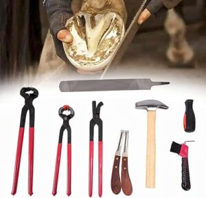 lukar 8pcs horse hoof trimmers farrier tools kit, includes horse hoof nipper, horseshoe cutting pliers, hoof nail clincher, hoof hammer, hoof knife, rasp file, horseshoe brush