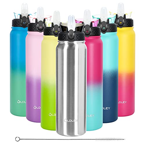 Insulated Water Bottle 32 oz Stainless Steel Water Bottles with One-Click Open Straw Lid,Double Wall Vacuum Wide Mouth BPA Free Sweat/Leak-Proof for Sports Gym Travel Camping(Pink-Purple)